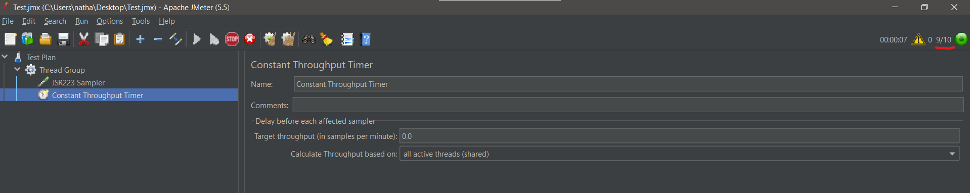 Constant Throughput Timer : 0 TPS + shared algorithm + thread lifetime runs all Threads - 1 ...